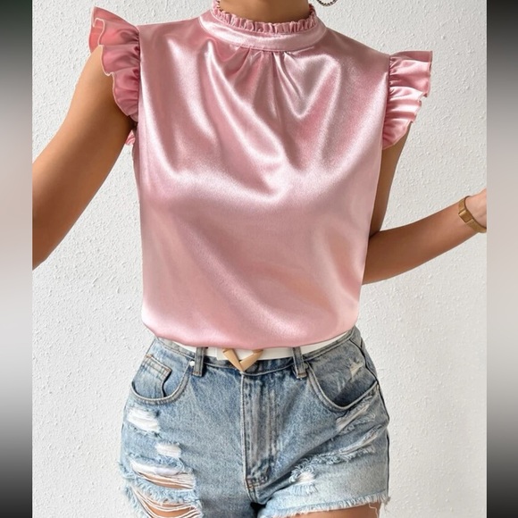 Tops | Luxe Ruffle Hem Frill Neck Satin Top | Poshmark